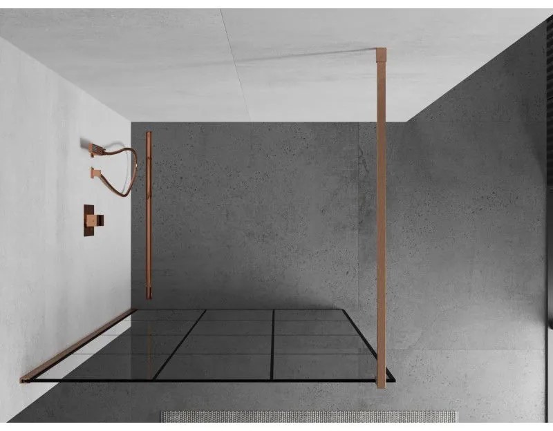 Mexen Kioto, sprchová zástěna Walk-In 100 x 200 cm, 8mm čiré sklo černý vzor, ​​měděný matný profil, 800-100-101-65-77