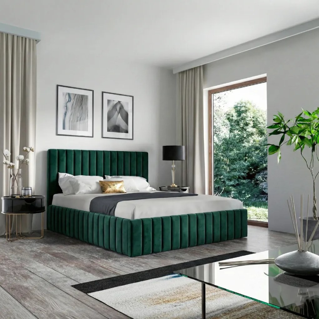 Eka Čalouněná postel INTIMA 160x200 cm Barva látky Trinity: Černá (Trinity 2316), Úložný prostor: S kovovým rámem úložného prostoru