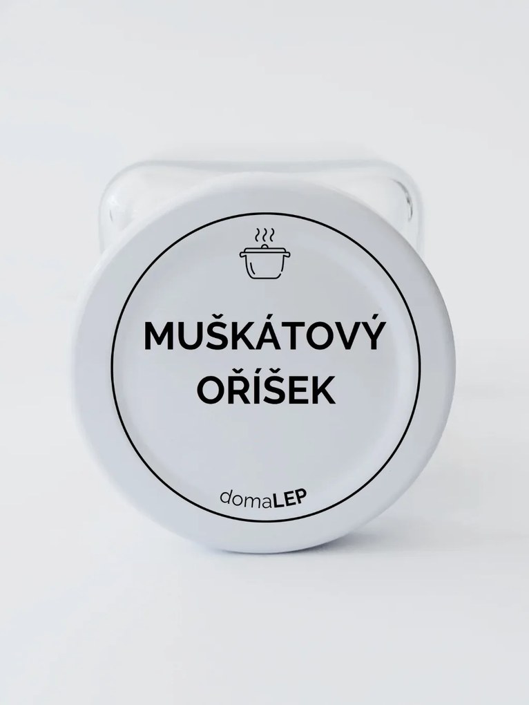 Samolepka na kořenky MUŠKÁTOVÝ OŘÍŠEK průhledná 5 cm tučné písmo