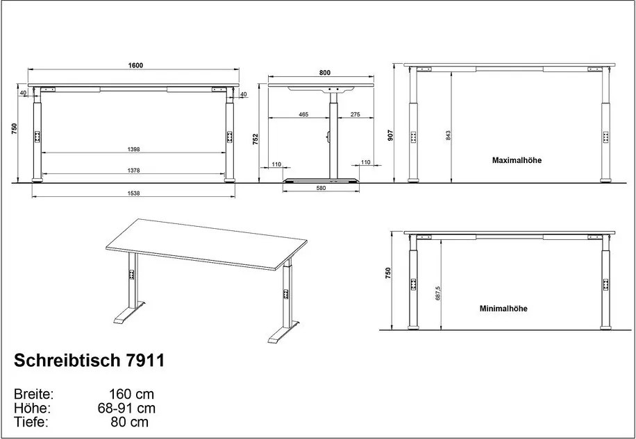 Polohovací pracovní stůl s deskou v dubovém dekoru 80x160 cm Downey – Germania