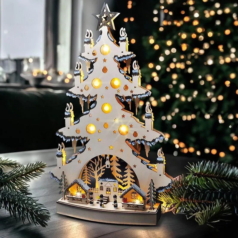 SOLIGHT LED dřevěný vánoční stromek s dekoracemi, 23x LED, přírodní barva, 64cm, 2x AA