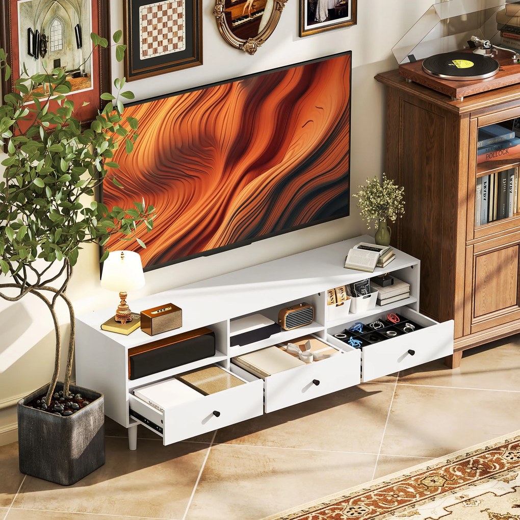 TV stolek HOMCOM s přihrádkami a šuplíky, 140 cm dlouhý TV konzole pro TV do 75 palců s úložným prostorem a organizací kabelů, bílý 140x34x45cm