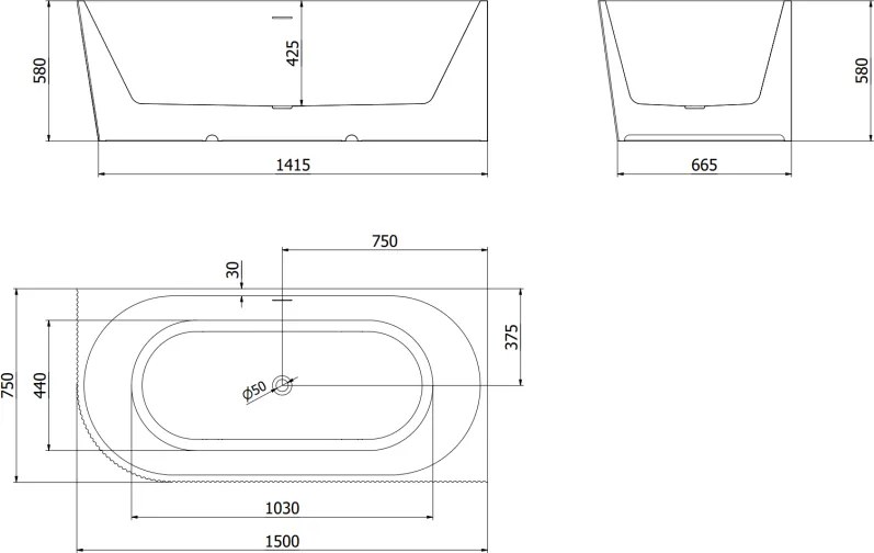 Mexen Silo, rohová volně stojící rýhovaná vana, pravá, 150 x 75 cm, bílá-šedá, chromový přepad, 52891507562P-01