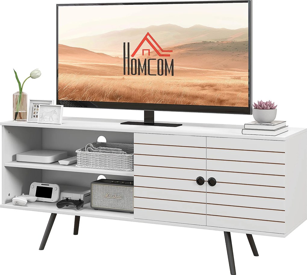 HOMCOM TV stolek do obývacího pokoje pro TV do 65 palců, moderní TV stolek se 2 otevřenými policemi a 1 nastavovací policí 145x38x65 cm Bílý