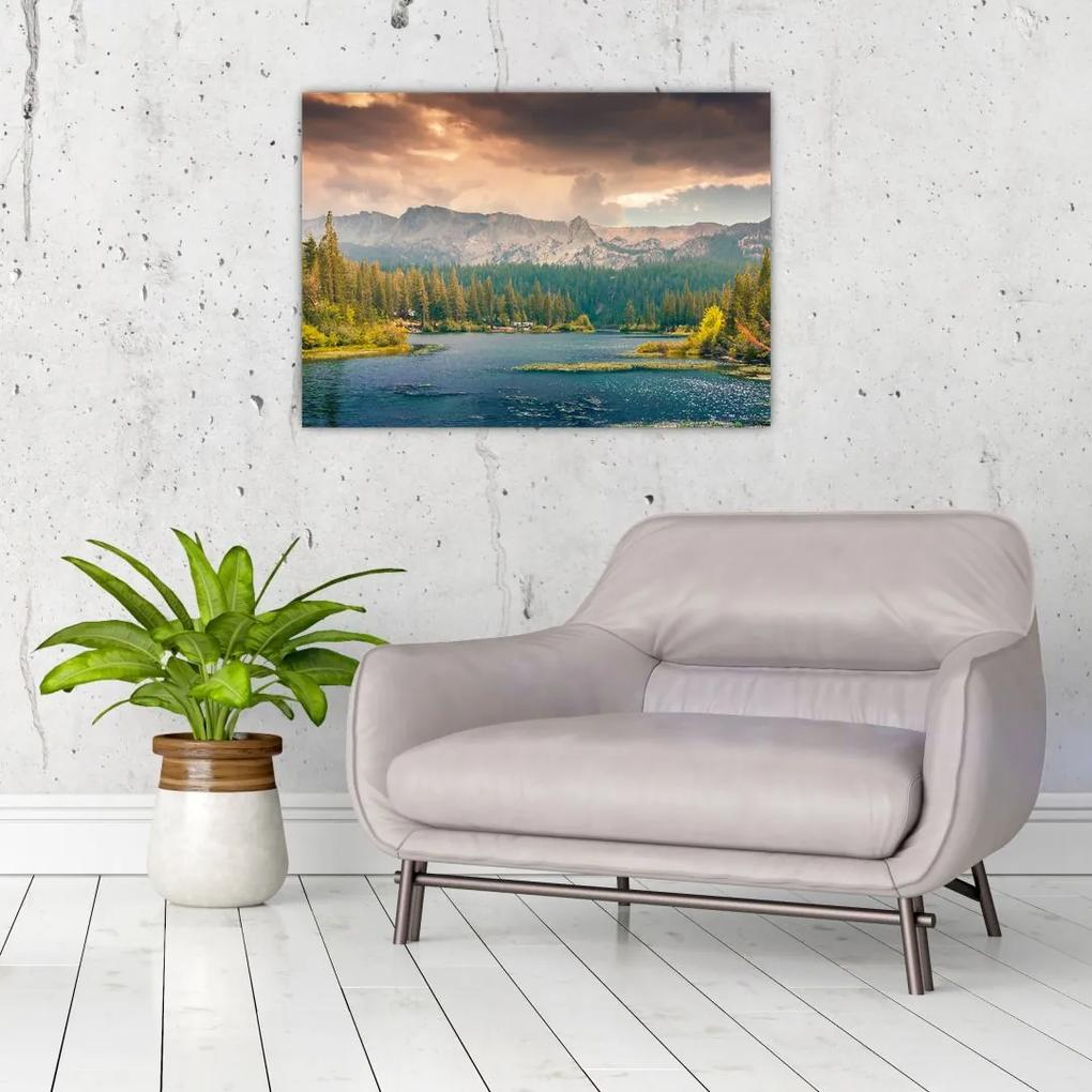 Skleněný obraz horské řeky a hor (70x50 cm)