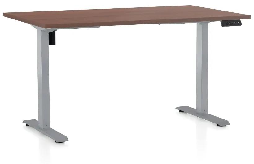 Výškově nastavitelný stůl OfficeTech B, 140 x 80 cm, šedá podnož, ořech