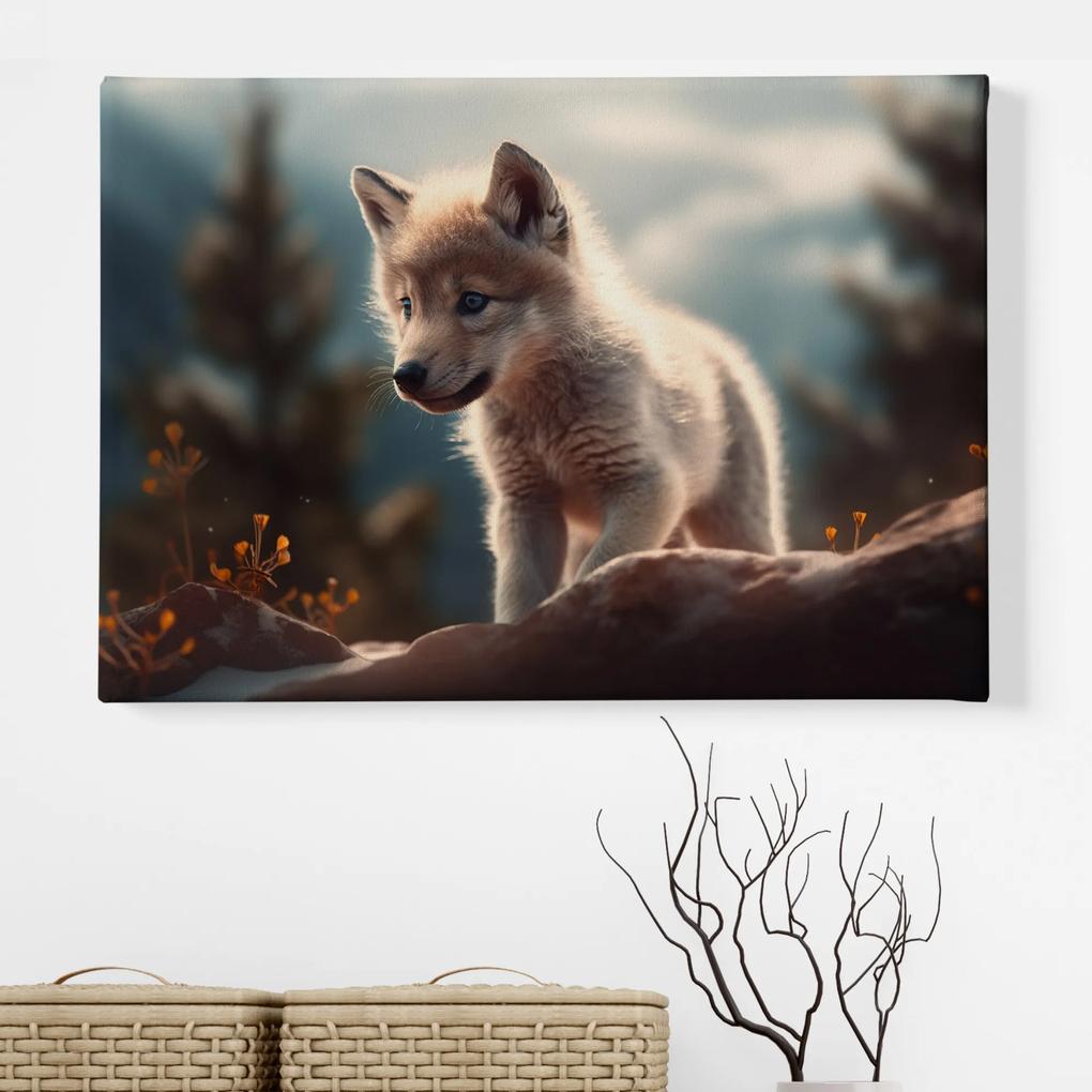Obraz na plátně - Malý vlček na skále objevuje svět FeelHappy.cz Velikost obrazu: 60 x 40 cm