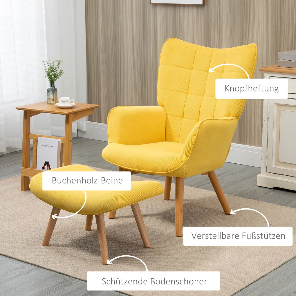 HOMCOM polohovatelné křeslo lounge wing chair s taburetem ve žluté barvě, křeslo s dřevěnými nohami, vzhled šňůry pro příjemné posezení