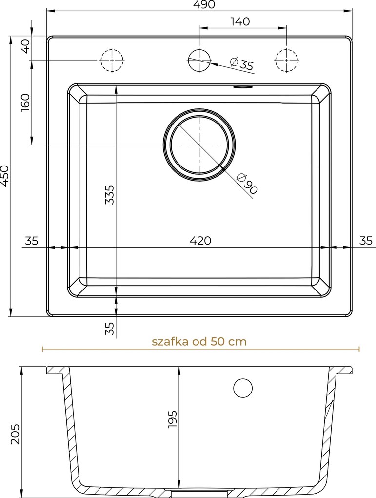 Sink Quality Ferrum 50, kuchyňský granitový dřez 490x450x195 mm + černý sifon, brocade, SKQ-FER.B.1K50.XB
