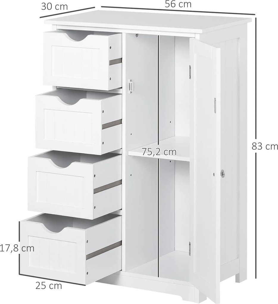 Kleankin Koupelnová Pomocná Skříň s Dveřmi, 4 Šuplíky a Nastavitelnou Policí pro Kuchyni a Obývací Pokoj 56x30x83 cm Bílá
