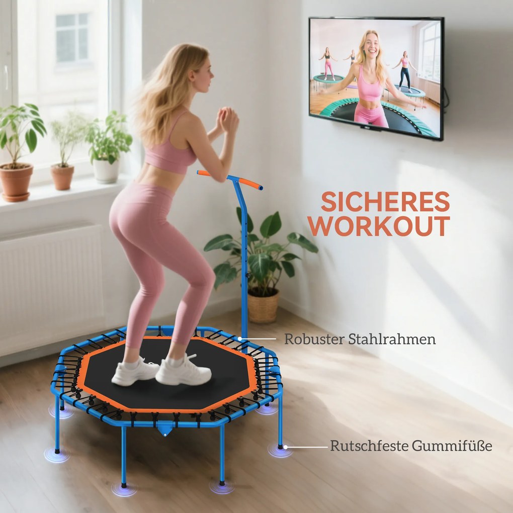 SPORTNOW Fitness trampolína, tréninková trampolína s nastavitelnou rukojetí, stabilní a tichá, pro interiér, ocel, modrá barva