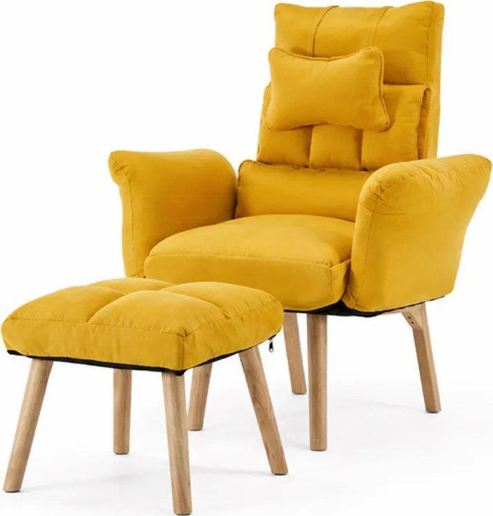relaxační křeslo, polohovací, s podnožkou, dřevo/textil, 101x85x69 cm, nohy světlé/hořčicová, Dekorino SILVANA