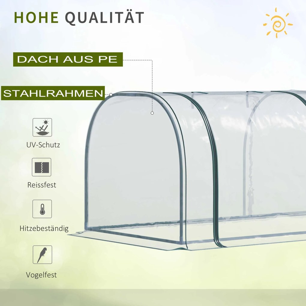 Fóliový skleník Outsunny Skleník s dveřmi 350 x 100 x 80 cm, průhledné PVC pro pěstování rostlin a chladicí rám, robustní ocelový rám, zelený