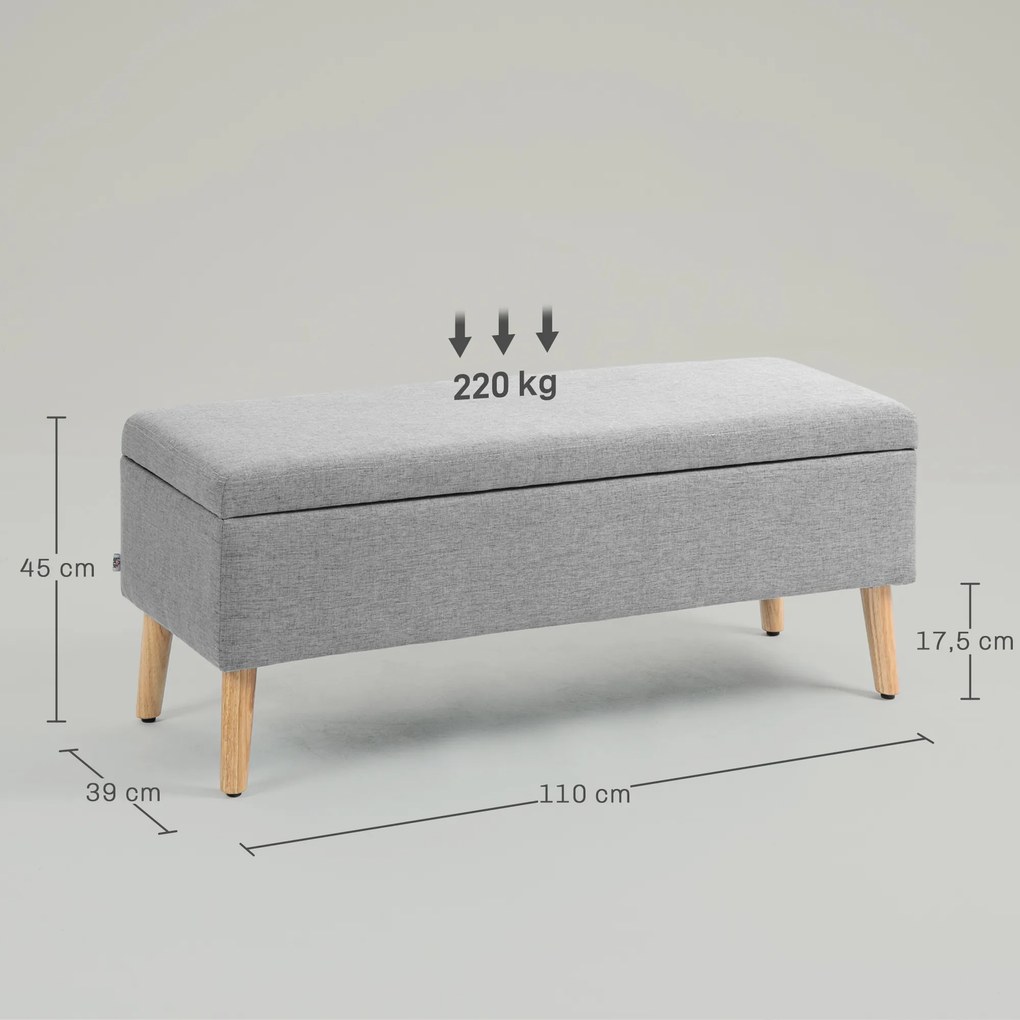 HOMCOM Lavice Čalouněná lavice s úložným prostorem 110 x 39 x 45 cm v šedé barvě se vzhledem lnu do předsíně ložnice obývacího pokoje z kaučukového d…