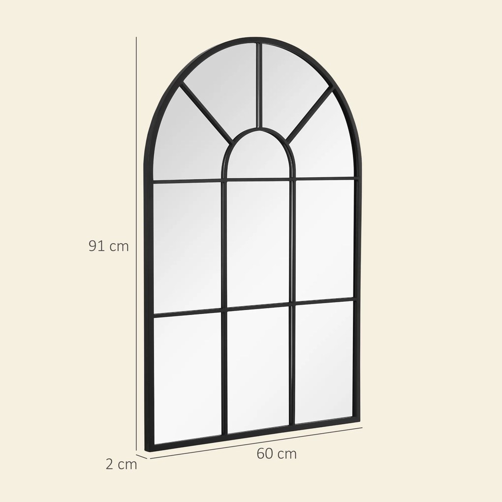 HOMCOM Obloukové okenní nástěnné zrcadlo 91x60cm s kovovým rámem ze skla do obývacího pokoje ložnice jídelny předsíně v černé barvě