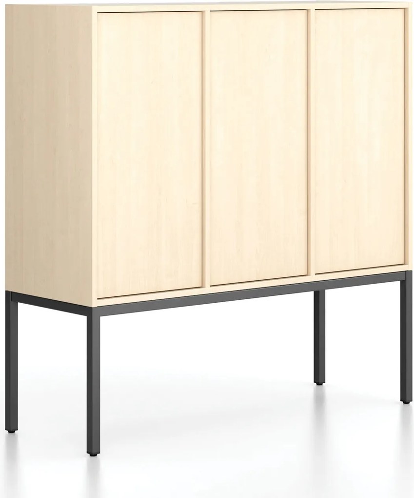 Kancelářská skříň FRAME, nízká, černá podnož, 3x dveře, 1299 x 450 x 1331 mm, PUSH-lock, bříza