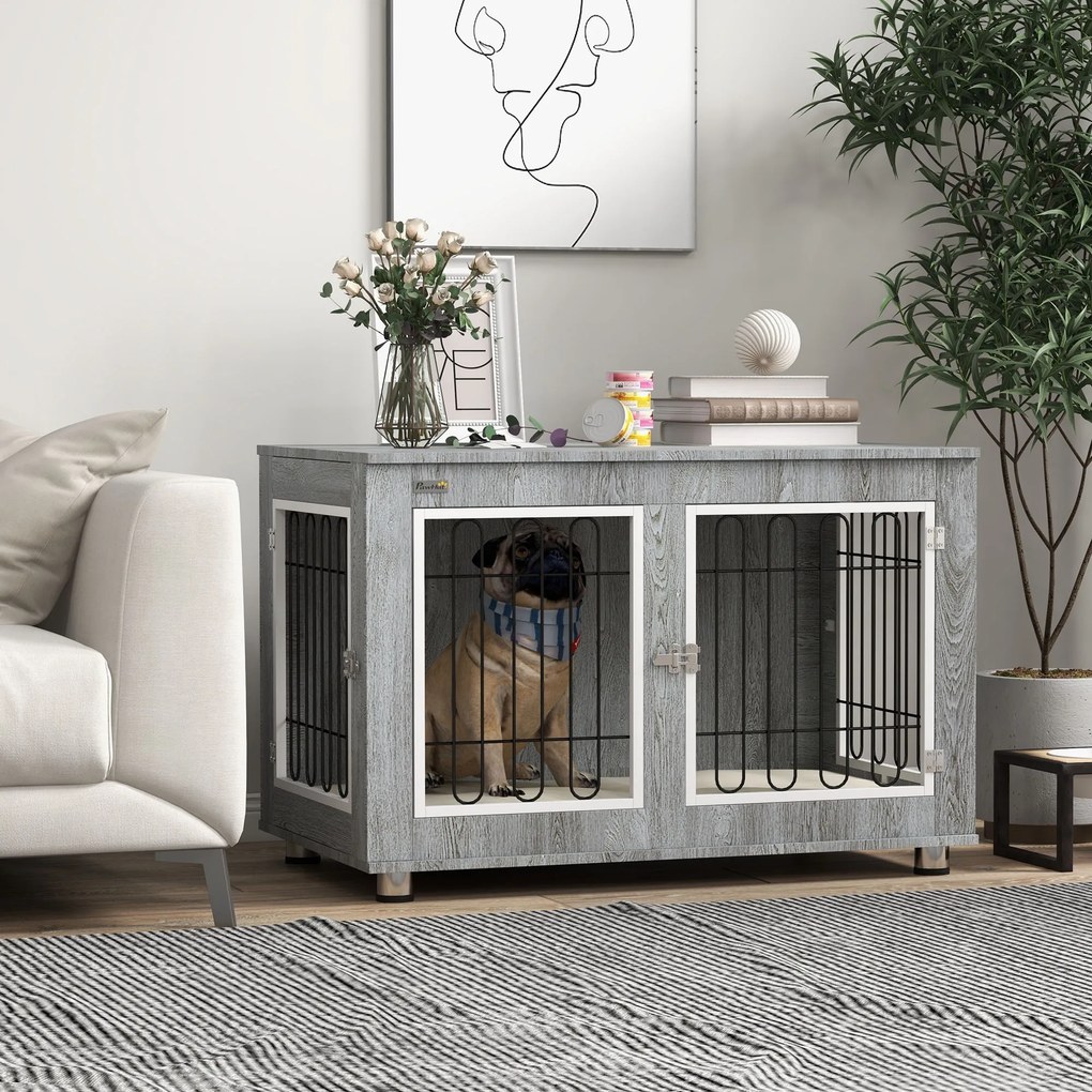 PawHut klec pro psy, psí bouda, klec pro domácí mazlíčky s polštářem, 2 zámky pro střední psy, klec pro psy s dvojitými dveřmi, šedá, 90 x 58 x 65 cm