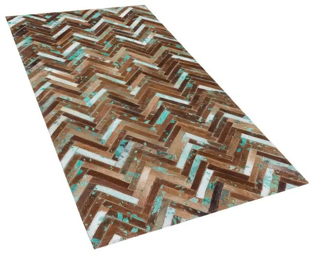 Patchwork koberec z hovězí kůže v hnědo-modrých odstínech 80x150 cm - AMASYA
