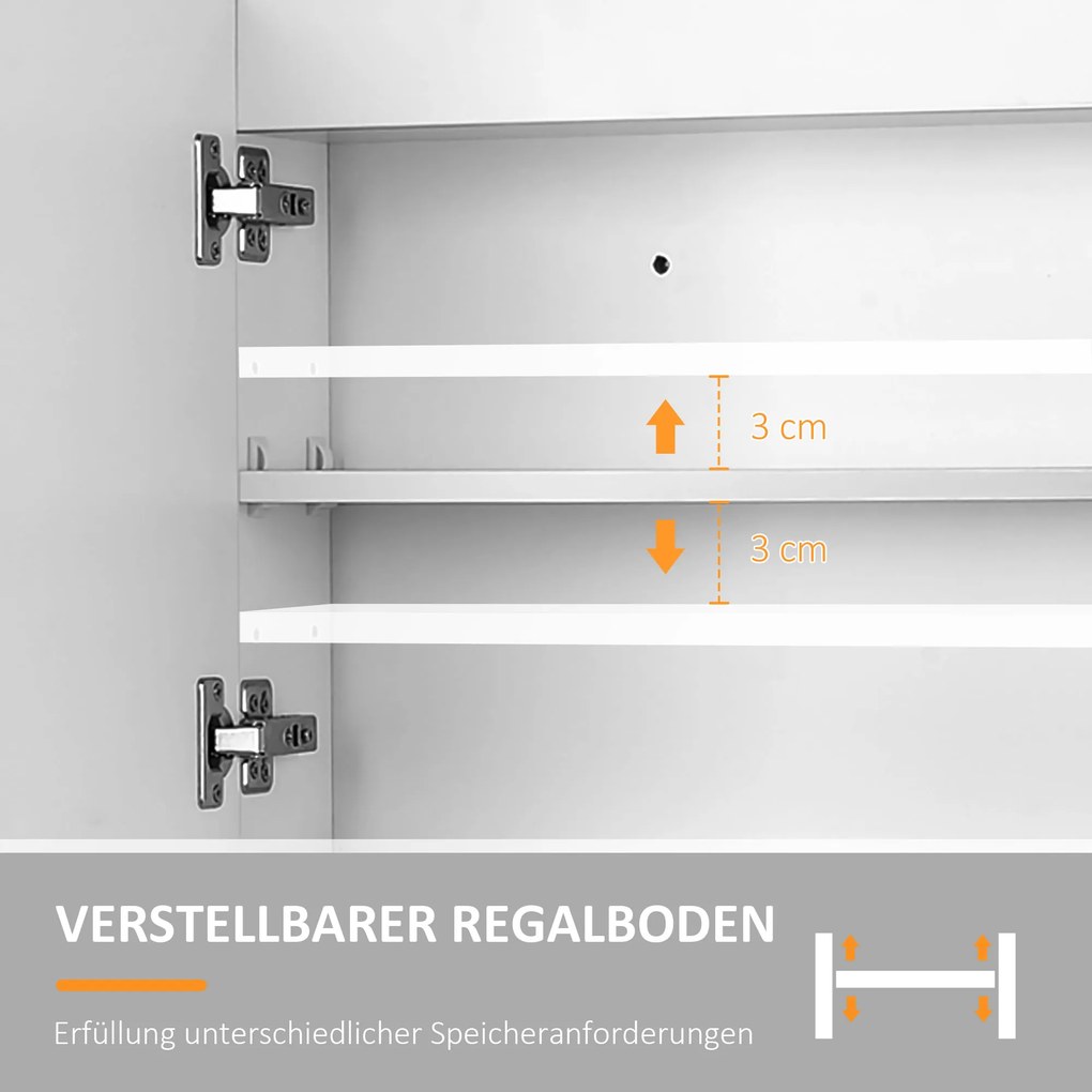 HOMCOM LED 10W zrcadlová skříňka Dvoudveřová koupelnová skříňka s policovou skříňkou Koupelnové zrcadlo Koupelnový nábytek Víceúčelová skříňka pro mě…