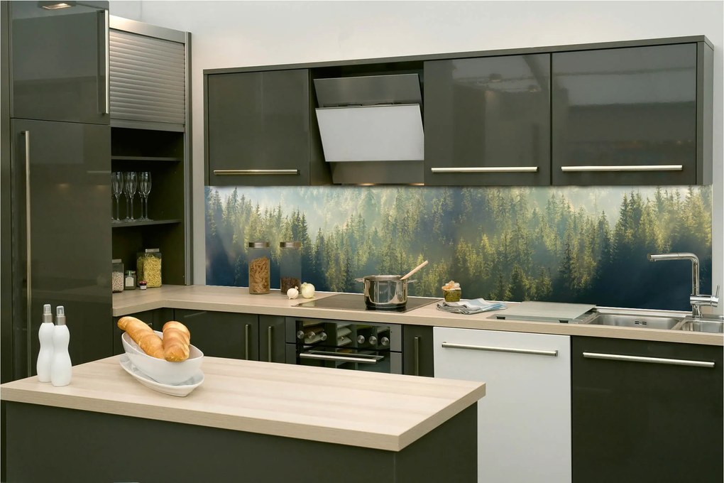 DIMEX | Fototapeta do kuchyně Zamlžený les KI-260-194 | 260 x 60 cm | zelená, černá, šedá