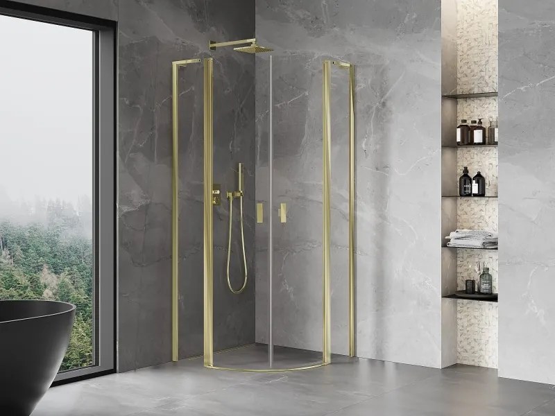 Mexen Mist L, čtvrtkruhový sprchový kout s 2-křídlými dveřmi, 100 x 100 cm, 8mm čiré sklo, zlatý lesklý profil, 8A32L-100-100-50-00