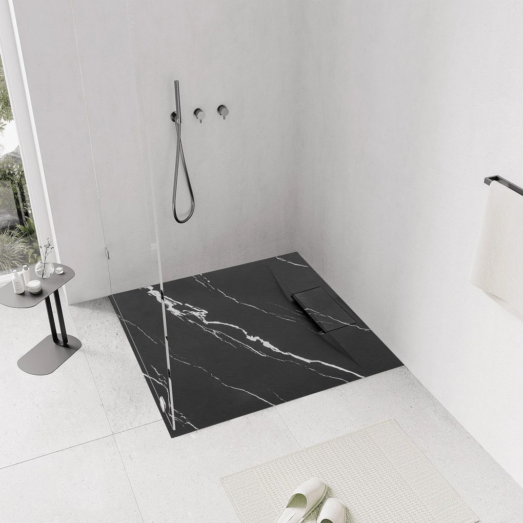 Rea Bazalt Carrara, SMC sprchová vanička 90x90, černá-kamenný vzor, ​​REA-K7003
