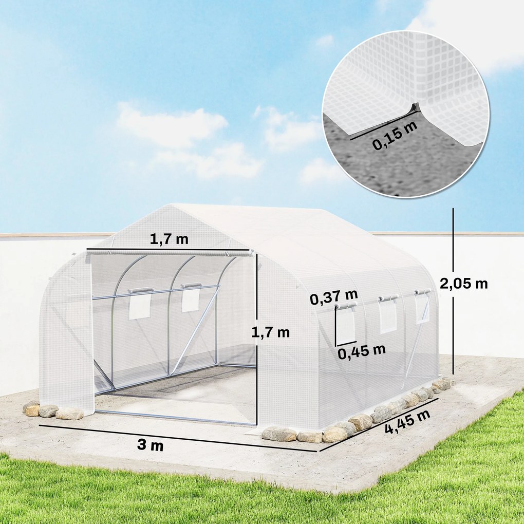 Fóliový skleník Outsunny 4,45x2,99x2,05 m, ochrana proti UV záření, okno ze síťoviny, větruvzdorný, kovový, bílý
