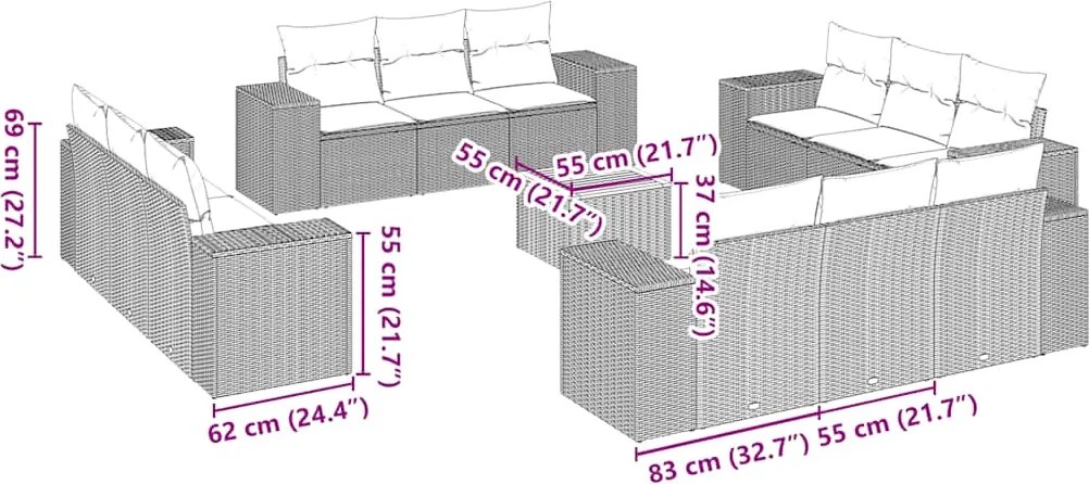 13dílný zahradní sedací souprava s poduškami černý polyratan 3257708