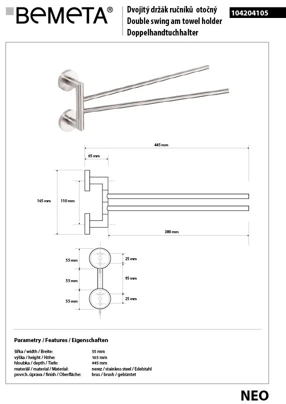 Bemeta Design NEO: Držák ručníků, 445 mm, dvojitý, otočný - 104204105