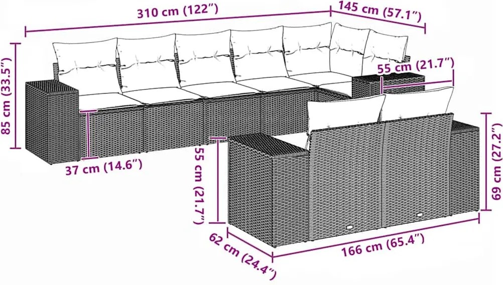 8dílná zahradní sedací souprava s poduškami černá polyratan 3255153