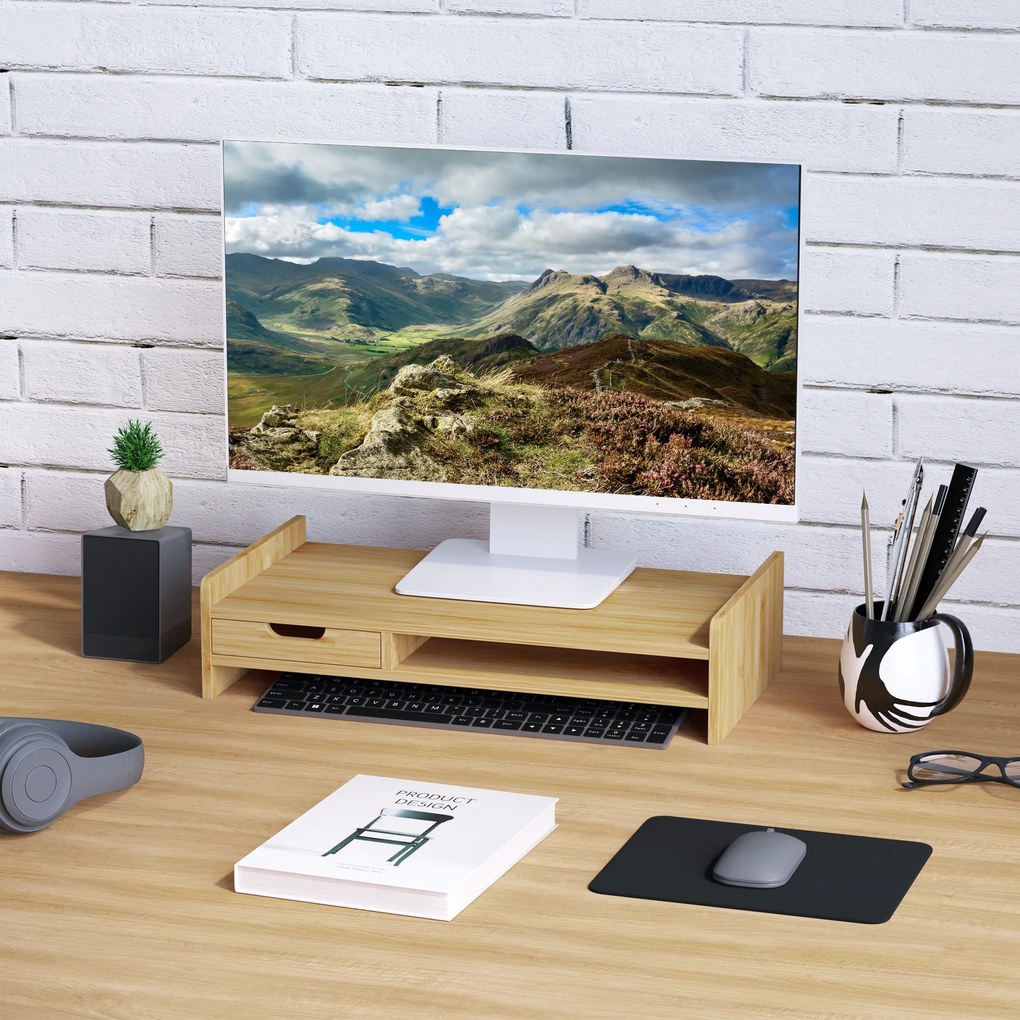 HOMCOM Stojan na monitor Stojan na obrazovku Stolní organizér se zásuvkami v přírodní barvě 49x25,5x11,5cm pro objednávku na pracovišti