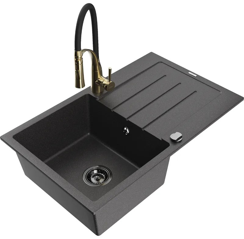 Mexen Bruno granitový dřez s 1 komorou a odkapávačem a kuchyňskou baterií Aster, černý nakrapovaný - 6513-76-73450-57-B