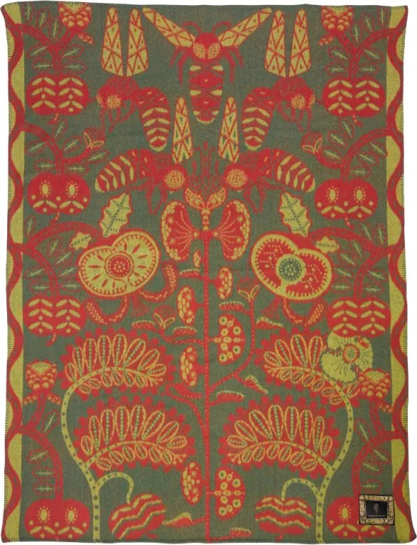 Vlněná deka Bees Green 130x170, zeleno-červená