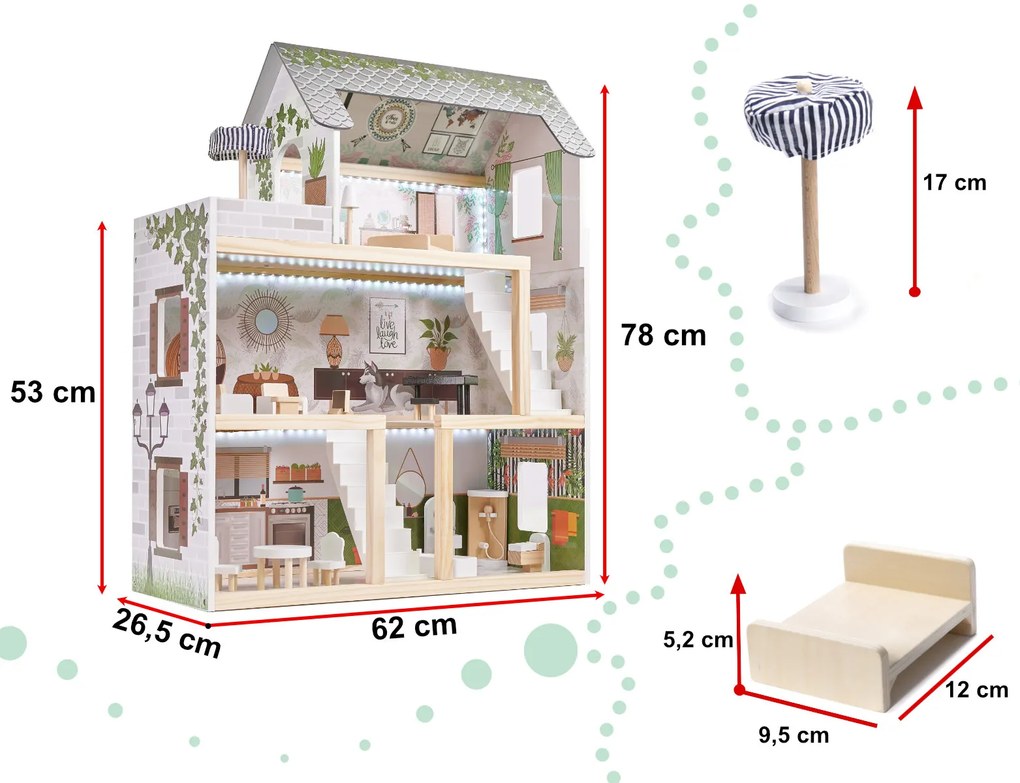 Creative Corner Dřevěný domeček pro panenky LULILO FLORO boho LED