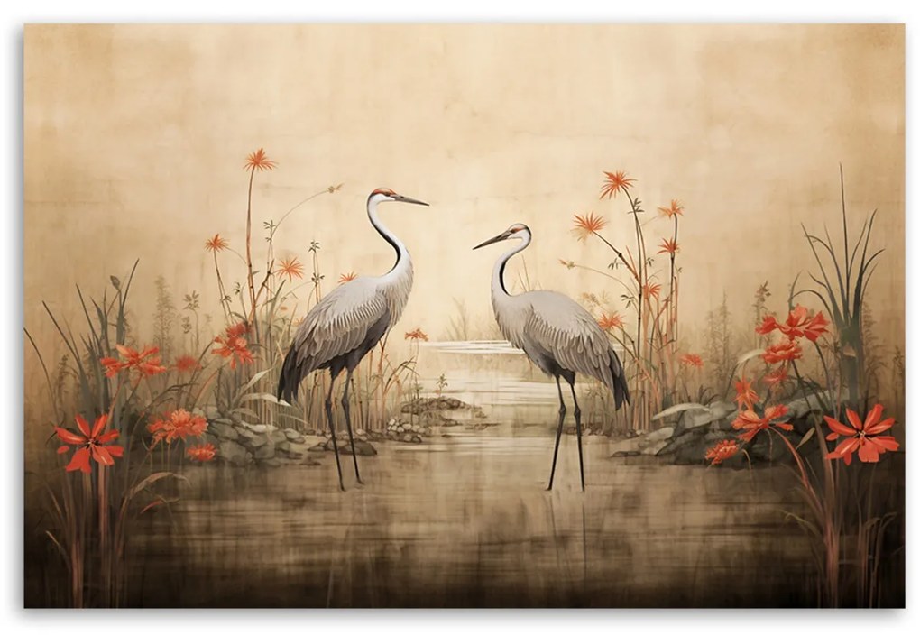 Obraz na plátně, Jeřábi na jezeře - 60x40 cm