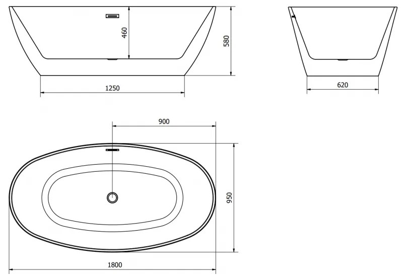 Mexen Eris, volně stojící vana 180 x 95 cm, bílá-černá, grafitová matná, 53441809575-66