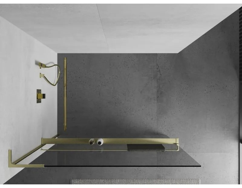 Mexen Kioto+ L, sprchová zástěna Walk-In s poličkou a věšákem 85 x 200 cm, 8mm čiré sklo, zlatý matný profil, 800-085-123-55-00