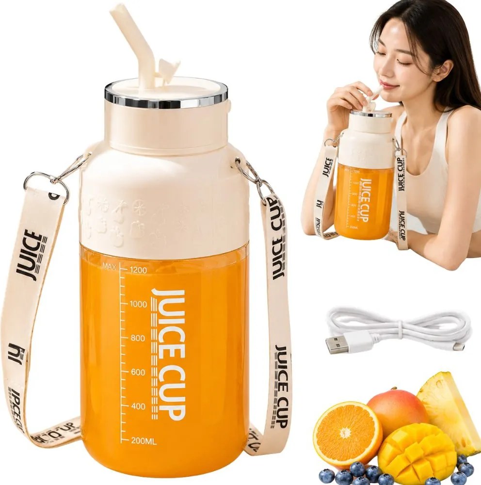 Verk Group Láhev s mixérem usb 1200 ml, hrnek na smoothie, šejker se slámkou a páskem