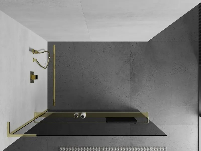 Mexen Kioto+ L, sprchová zástěna Walk-In s poličkou a věšákem 100 x 200 cm, 8mm šedé sklo, zlatý lesklý profil, 800-100-123-50-40