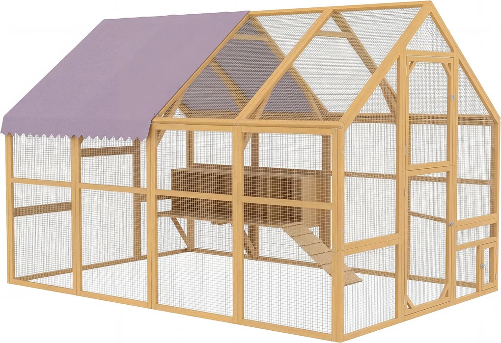 PawHut dřevěný výběh pro slepice, cca 5,2 m² (280 × 185,5 × 188 cm) venkovní výběh s krytou částí, zamykací dveře, rampa, 4 hnízdní boxy — žlutý (pro