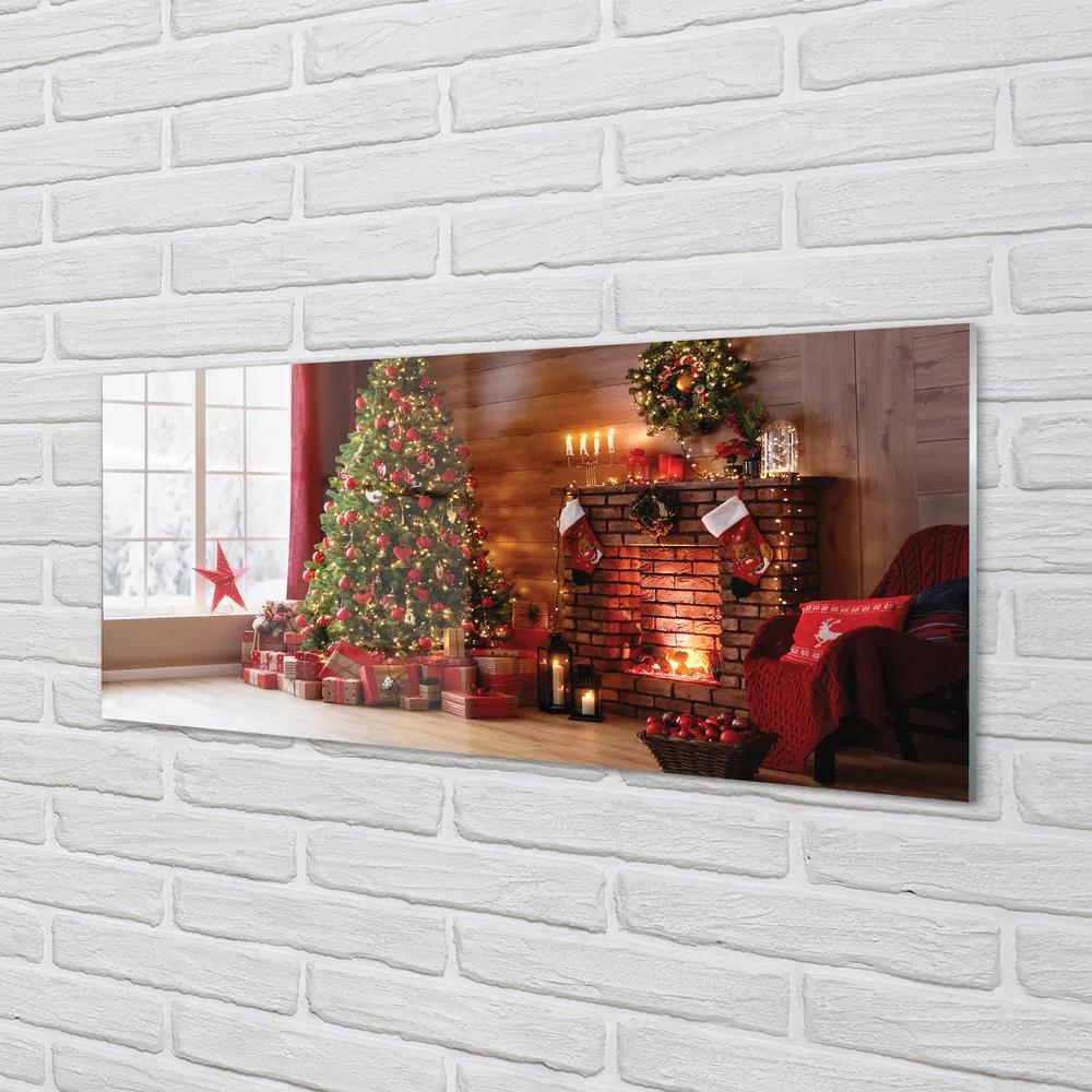akrylový obraz Ozdoby na vánoční stromeček dárky ohniště 120x60 cm
