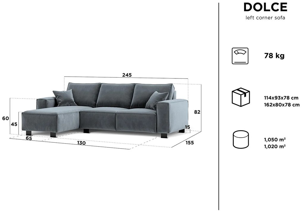 KOOKO HOME Rohová sametová pohovka Dolce levý roh