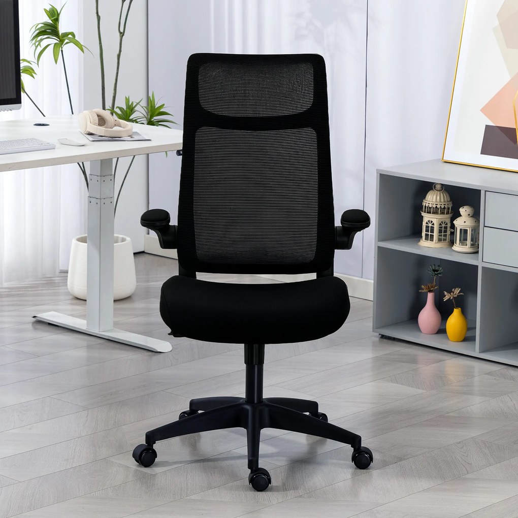 HOMCOM Ergonomická kancelářská židle se 3D opěrkami rukou, síťovaným opěradlem, S-formovaným opěradlem, opěrkou hlavy, funkcí naklápění, černá