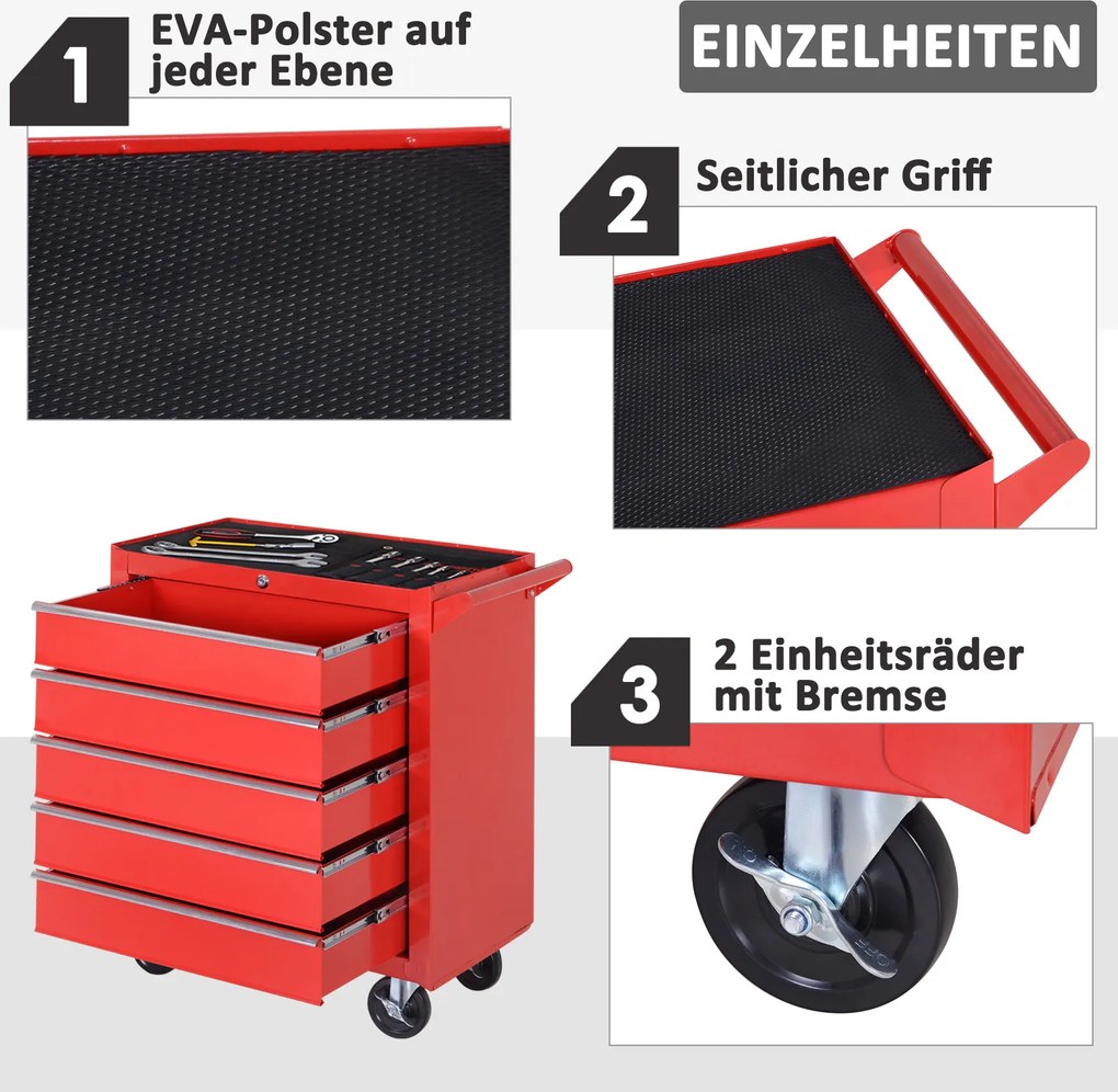 DURHAND Skříňka na kolečkách, skříňka na nářadí do garáže, kůlny, ocel, 69L x 33W x 75H cm, červená