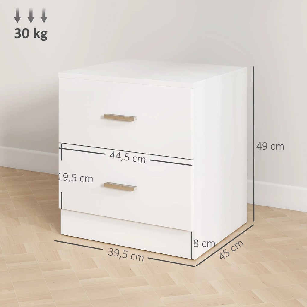 HOMCOM Moderní Noční Stolek s 2 Zásuvkami, Stolek do Obývacího Pokoje a Ložnice, Nosnost 30 kg, 45x39,5x49 cm, Bílý