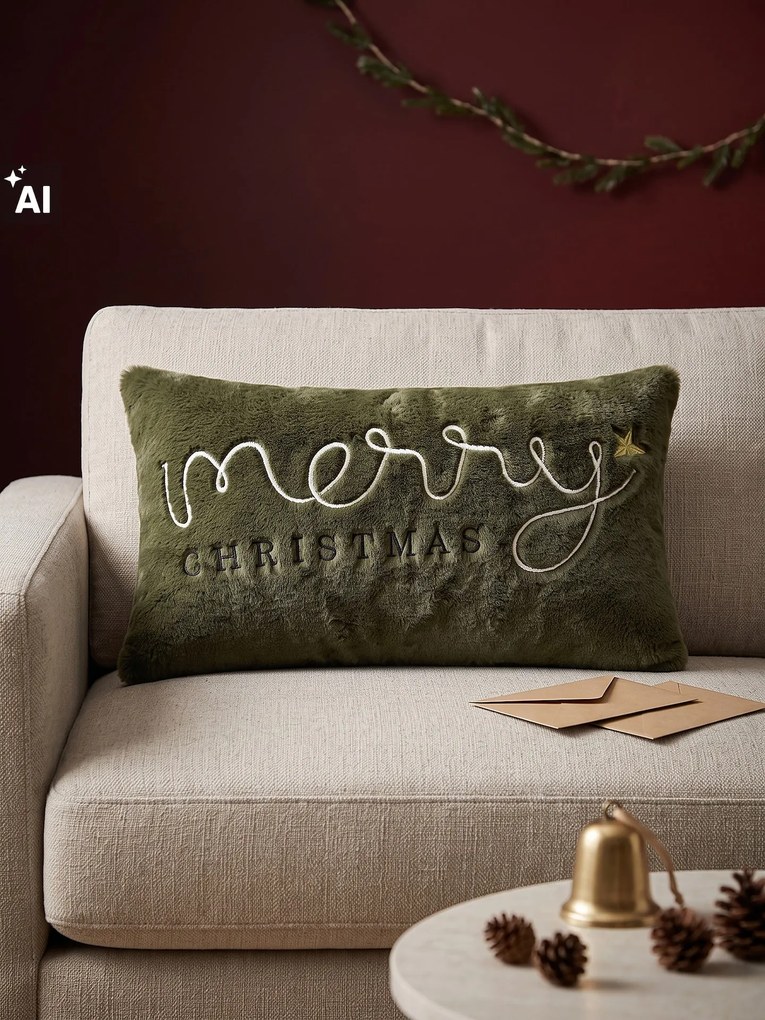 Sinsay - Dekorativní vánoční polštář s vyšívaným nápisem Merry Christmas - zelená