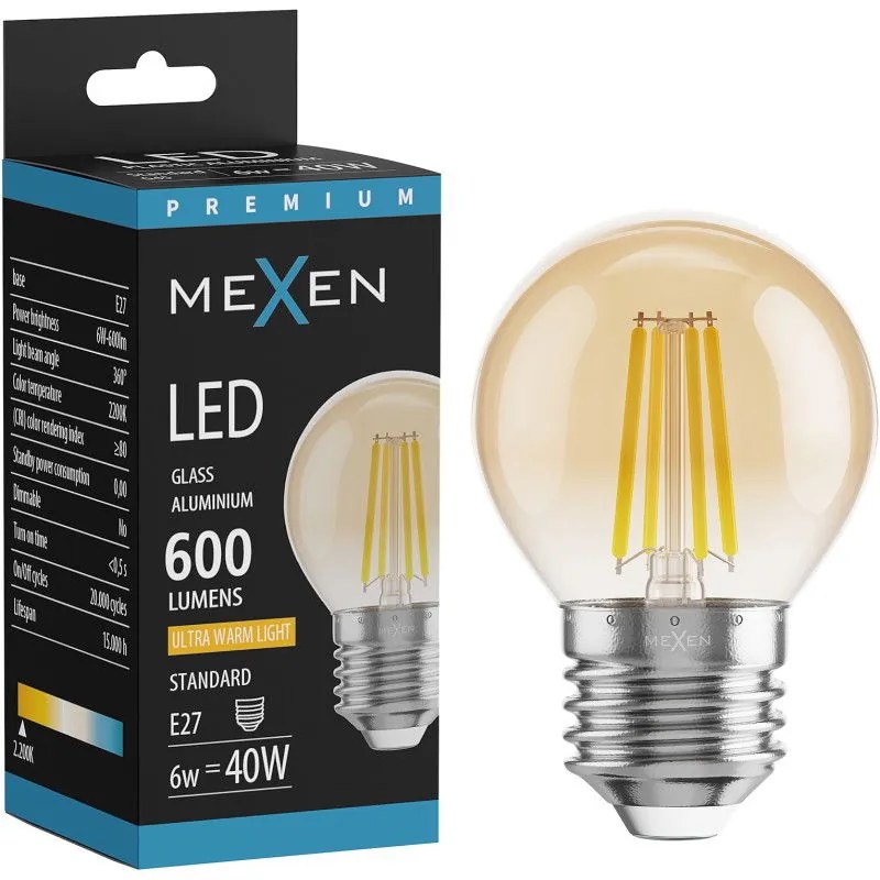 Mexen Vintis LED filamentová žárovka E27, G45, 6W, Teplá - 2200K, 600 lm, jantarová - L156-E27-0622-50