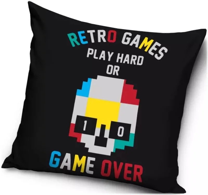 Polštář Retro Games - Play hard or game over - 40 x 40 cm