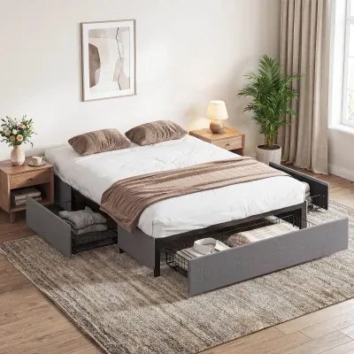 HOMCOM manželka postel 140x190 cm lamelový rošt se 3 zásuvkami a kovovým rámem, nosnost 363 kg, šedá