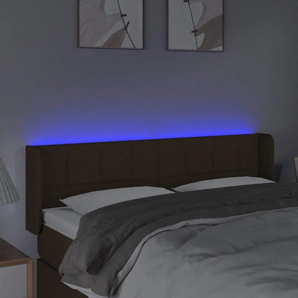 Čelo postele s LED tmavě hnědé 147 x 16 x 78/88 cm textil 3123237